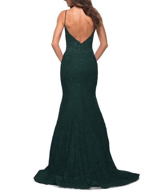 La Femme Mermaid Lace Prom Dress With Sheer Jeweled Bodice in Green | Lyst