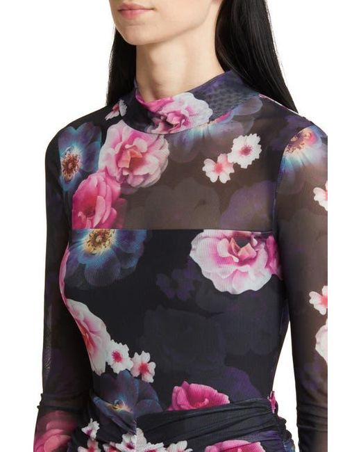 Bebe Floral Ruched Mesh Long Sleeve Midi Dress in Blue | Lyst