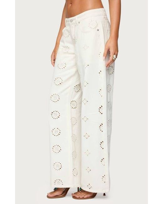 Edikted Eyelet Embroidered Low Rise Wide Leg Jeans in White | Lyst