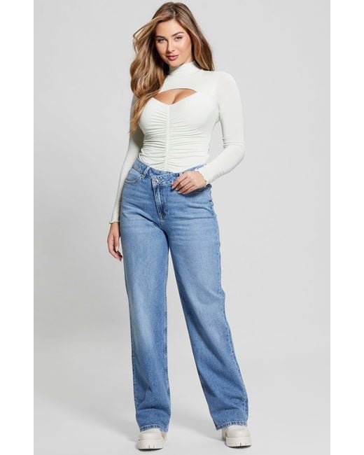 Guess Brienna Cutout Mock Neck Top In Blue Lyst