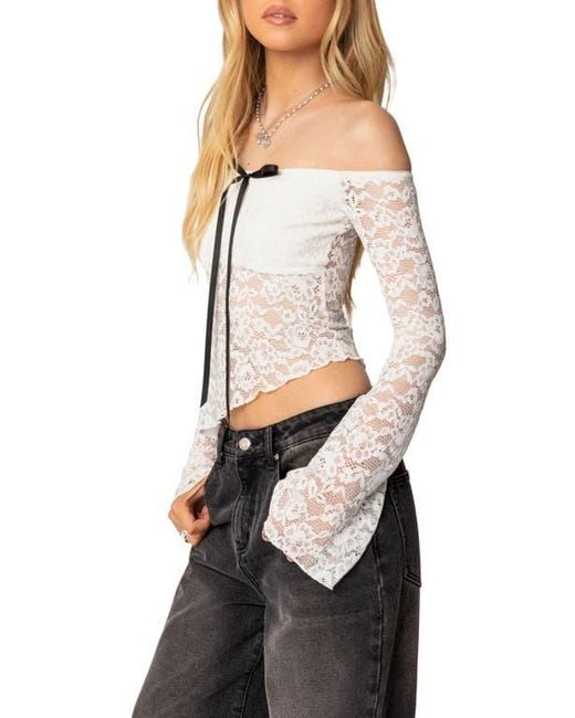 Edikted Off The Shoulder Asymmetric Lace Top in Gray | Lyst
