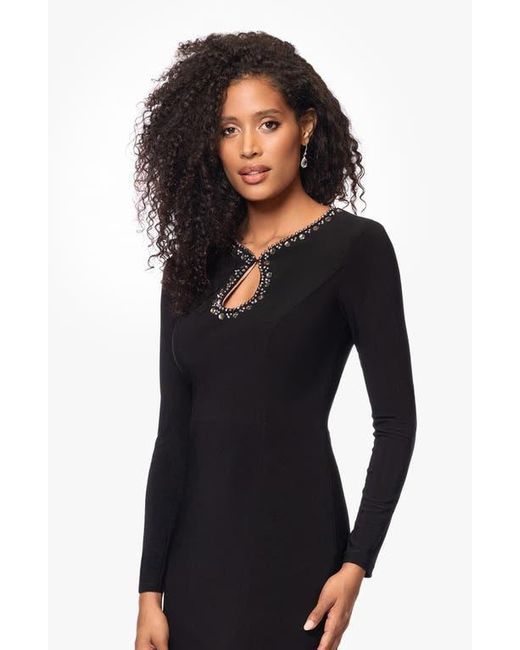 Xscape Evenings Beaded Keyhole Neck Long Sleeve Body-Con Gown in Black ...