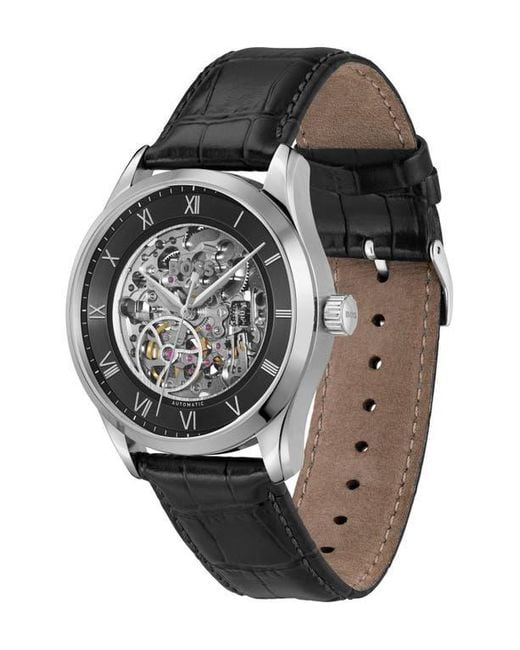 BOSS Principle Skeleton Automatic Leather Strap Watch, 41Mm in Black ...