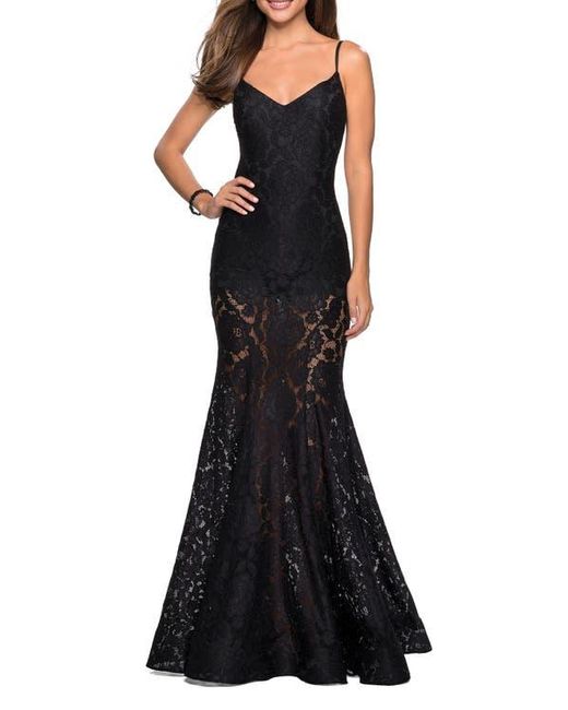 La Femme Long Form Fitting Lace Prom Dress With Attached Shorts in ...