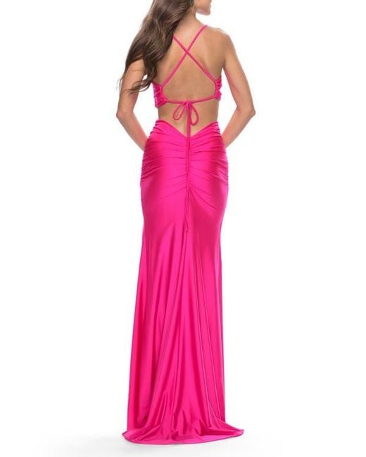 La Femme Neon Prom Dress With Side Cutouts And Open Tie Back in Pink | Lyst