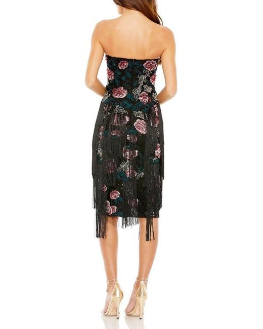 Mac Duggal Strapless Embroidered Midi Dress With Fringe Hem in Black | Lyst