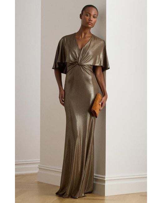 Ralph Lauren Phinya Metallic Twist Front Capelet Gown in Natural | Lyst