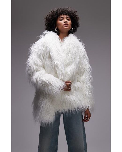 TOPSHOP Fluffy Faux Fur Mid Length Coat in Gray | Lyst