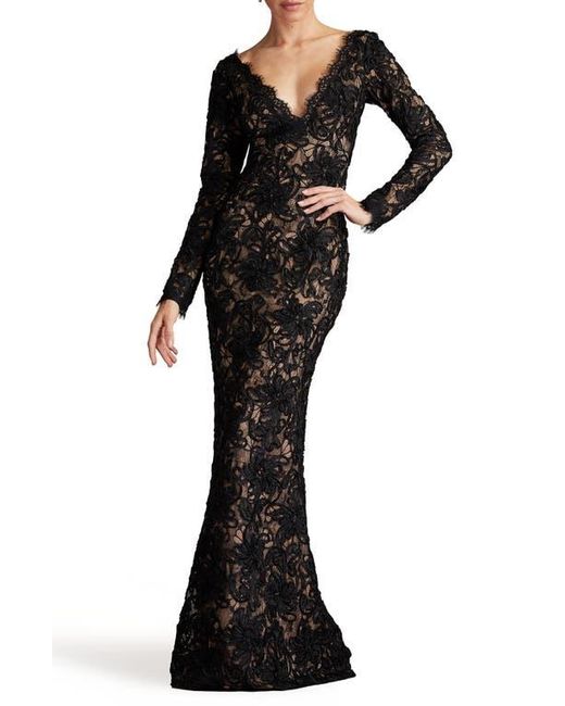 SHO by Tadashi Shoji Lace Plunge Neck Long Sleeve Gown in Black | Lyst