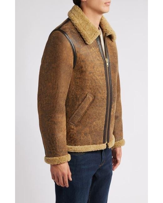 Schott Nyc Genuine Shearling Collar Sheepskin Bomber Jacket in Brown for Men | Lyst