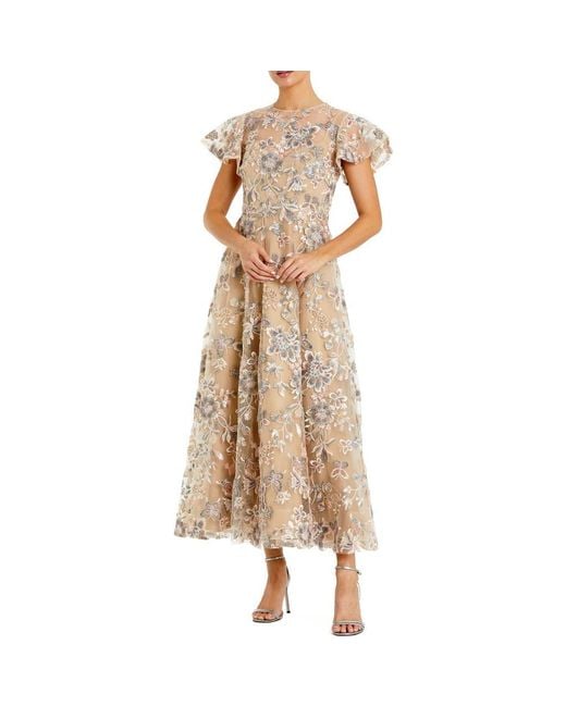 Mac Duggal Embroidered Floral Mesh A-Line Midi Dress in Natural | Lyst