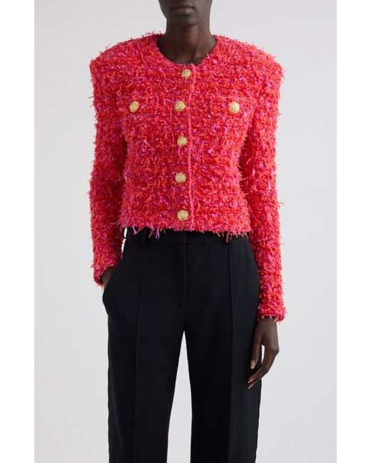 Balmain Crop Sequin Tweed Jacket in Red | Lyst