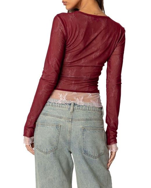 Edikted Lacy Sheer Mesh Crop Top in Red | Lyst