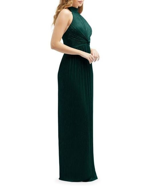 After Six Metallic Pleated Halter Column Gown in Green | Lyst