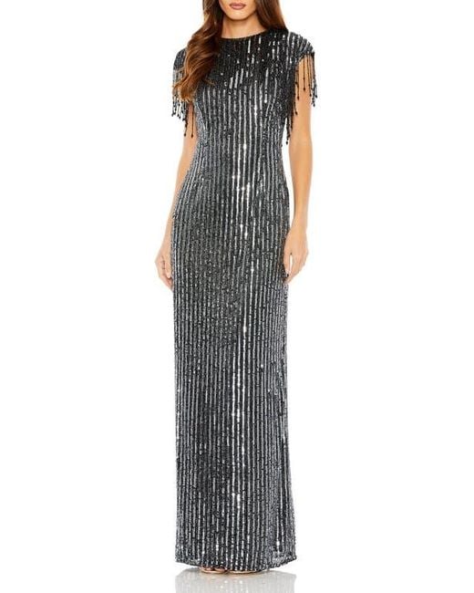 Mac Duggal High Neck Embellished Fringe Gown in Gray | Lyst