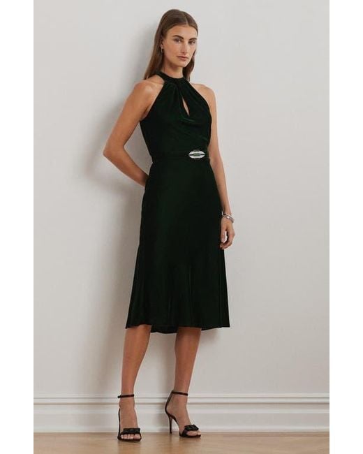 Ralph Lauren Belted Velvet Halter Neck Cocktail Dress in Black | Lyst