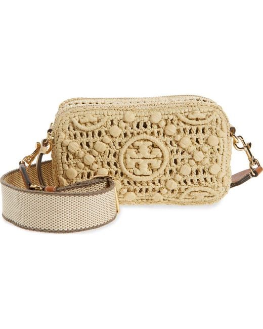 Tory Burch Mini Miller T Monogram Raffia Crossbody Bag in Metallic | Lyst