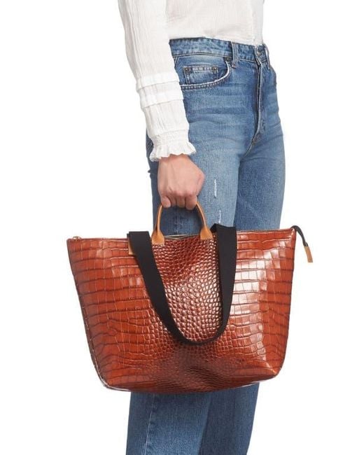 Clare V. Le Zip Sac Croc Embossed Leather Tote in Red | Lyst