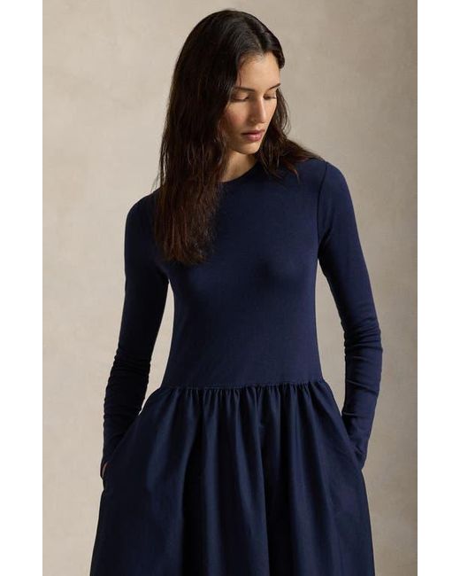 Polo Ralph Lauren Mixed Media Long Sleeve Cotton Dress in Blue | Lyst