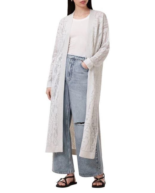 AllSaints Kaito Open Stitch Sheer Mesh Open Front Longline Cardigan in ...