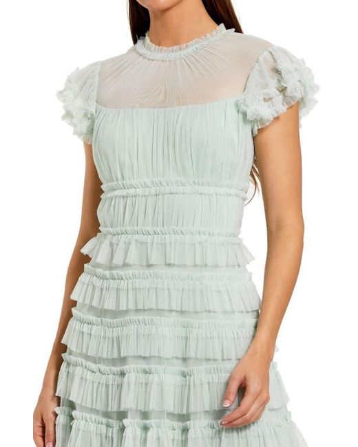 Mac Duggal Solid Mesh Dot Micro Ruffle High Neck Midi Dress in Green | Lyst
