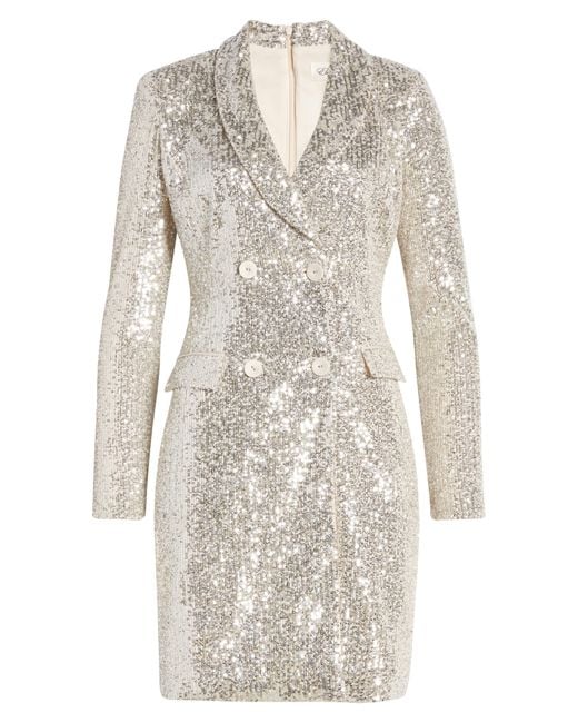 Eliza J Sequin Long Sleeve Tuxedo Cocktail Dress In Natural Lyst