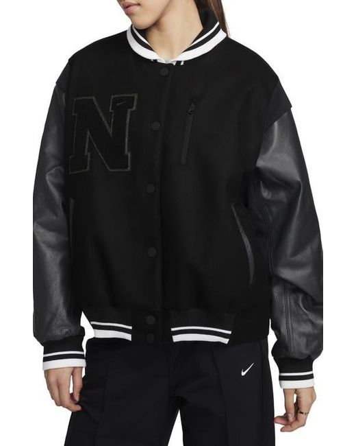 Nike Sportswear Destroyer Leather & Wool Blend Bomber Jacket in Black ...