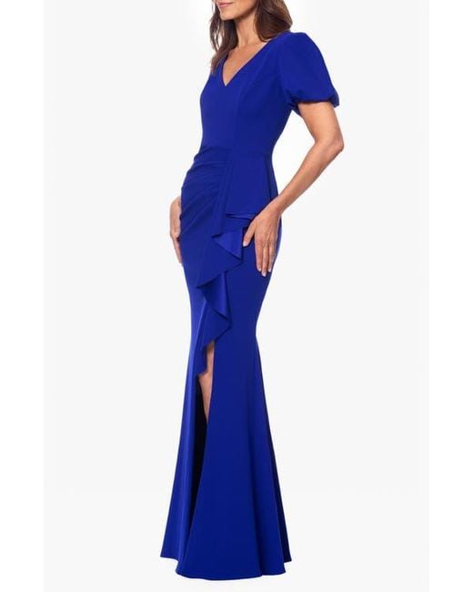 Xscape Evenings Ruffle Puff Sleeve Mermaid Gown in Blue | Lyst
