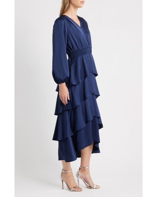 Anne Klein Long Sleeve Tiered High-Low Satin Dress in Blue | Lyst
