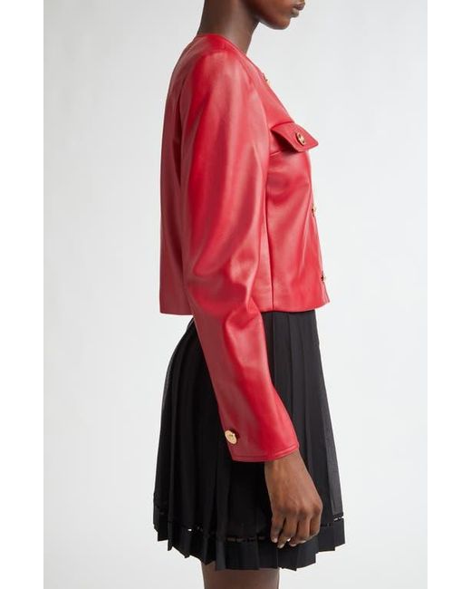 Versace Pocket Detail Leather Crop Jacket in Red | Lyst