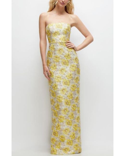 Alfred Sung Golden Metallic Jacquard Strapless Column Gown in Yellow | Lyst