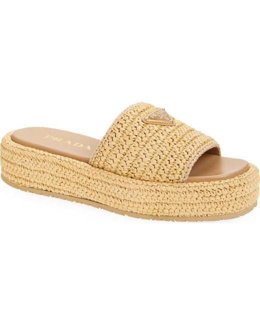Prada Raffia Flatform Slide Sandal in Natural | Lyst