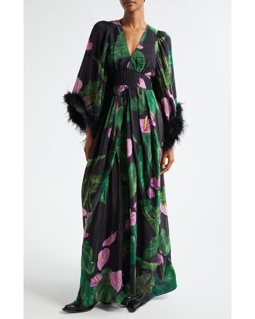 FARM Rio Anthurium Feather Trim Caftan Dress in Green | Lyst