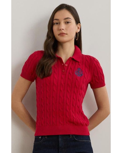 Ralph Lauren Cable Stitch Cotton Polo Sweater in Red | Lyst