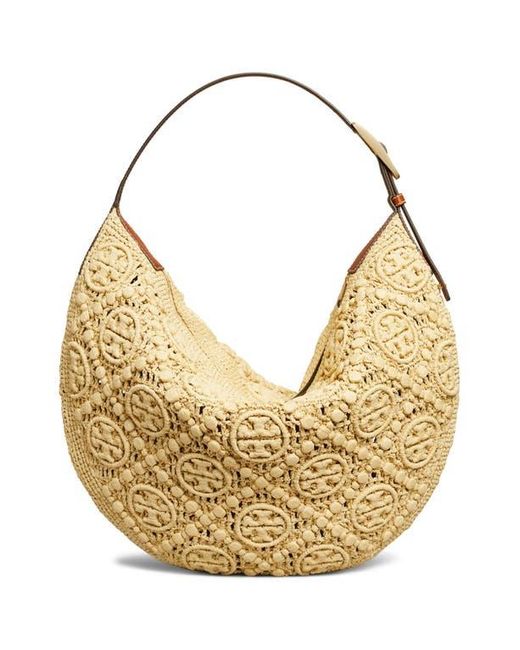 Tory Burch T-Monogram Woven Raffia Straw Shoulder Bag in Metallic | Lyst
