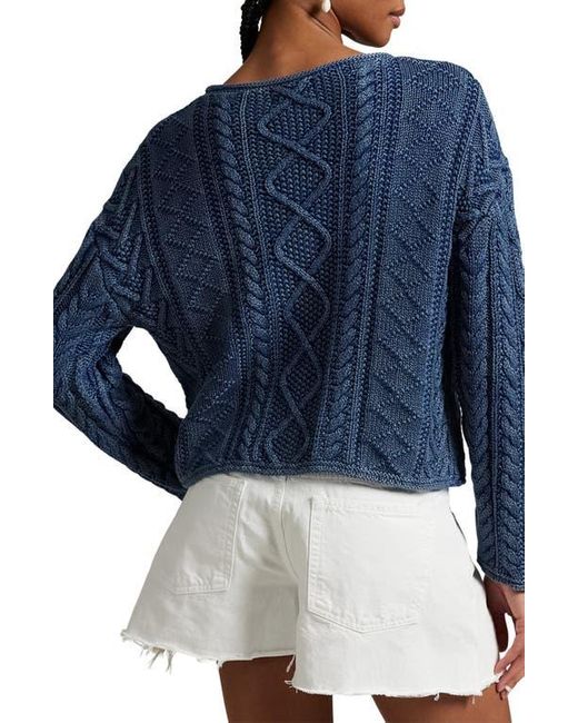 Polo Ralph Lauren Flag Cable Knit Cotton Aran Sweater in Blue | Lyst