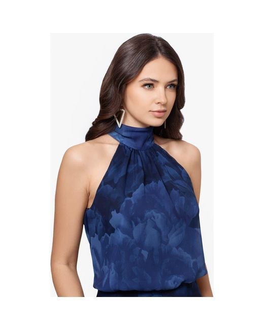 Betsy & Adam Tonal Floral Print Chiffon Gown in Blue | Lyst