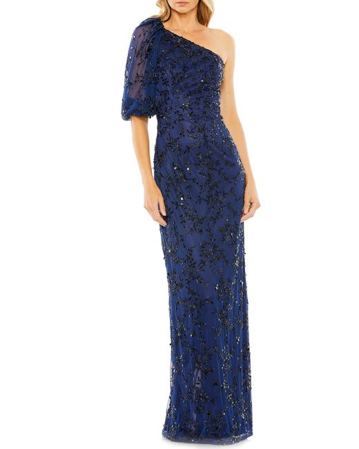 Mac Duggal Embellished Puff Sleeve One Shoulder Gown In Blue Lyst