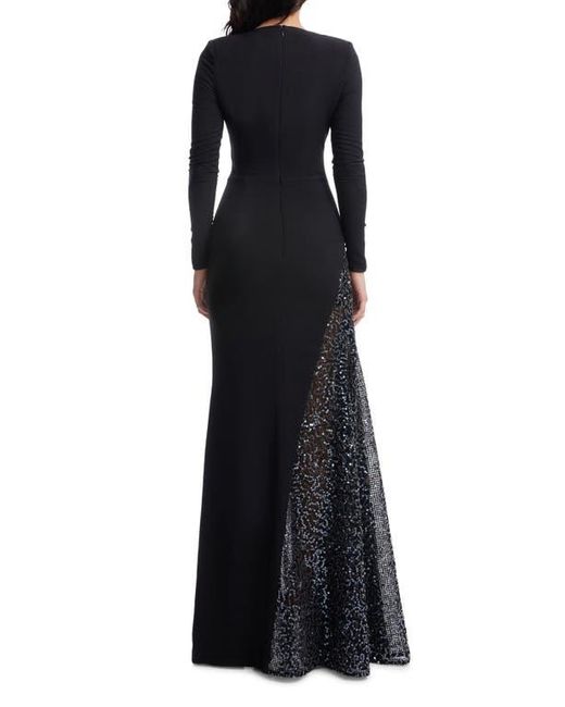Dress the Population Winnie Sequin Panel Long Sleeve Gown in Black | Lyst