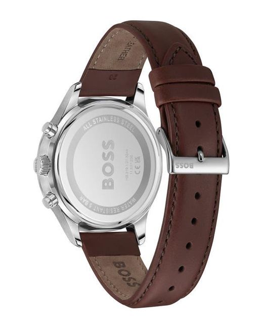 BOSS Chronograph Avery Brown Leather Strap Watch 42mm in Gray for Men ...