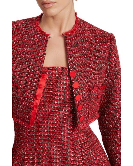Bardot Karoline Bouclé Tweed Crop Jacket in Red | Lyst