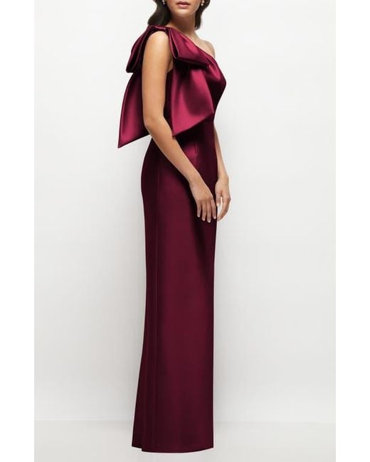 Alfred Sung Bow Detail One-Shoulder Satin Twill Column Gown in Purple ...
