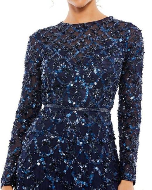 Mac Duggal Embellished Illusion High Neck Long Sleeve A Line Gown in Blue | Lyst