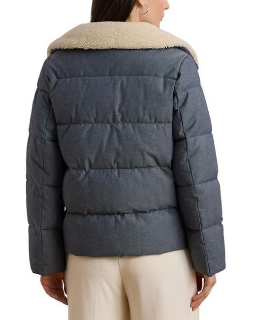 Ralph Lauren Chambray Puffer Jacket With Faux Shearling Collar in Gray | Lyst