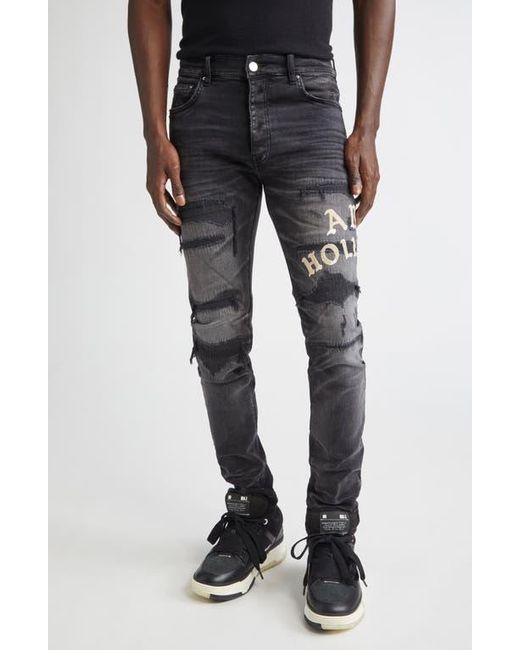 Amiri Hollywood Appliqué Rip & Repair Slim Fit Jeans in Gray for Men | Lyst