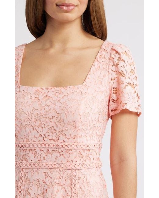 Anne Klein Square Neck Puff Sleeve Midi Dress in Pink | Lyst