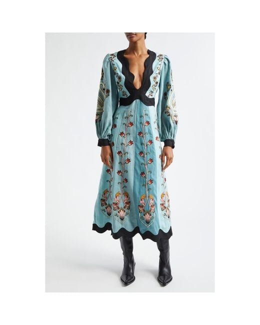 FARM Rio Floral Embroidered Long Sleeve Cutout Linen Midi Dress in Blue ...
