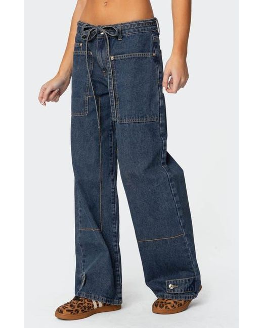 Edikted Funky Stitch Belted Low Rise Wide Leg Jeans in Blue | Lyst