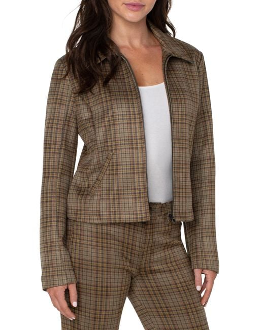 Liverpool Los Angeles Plaid Zip Up Crop Jacket In Brown Lyst