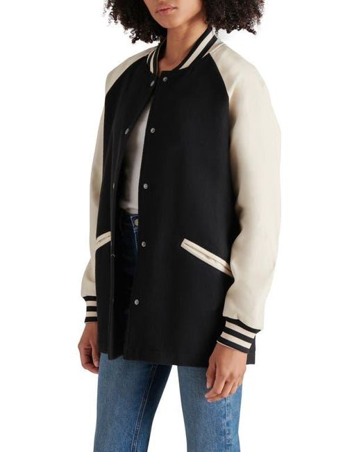 Steve Madden Skylie Faux Leather Sleeve Twill Stadium Bomber Jacket in ...